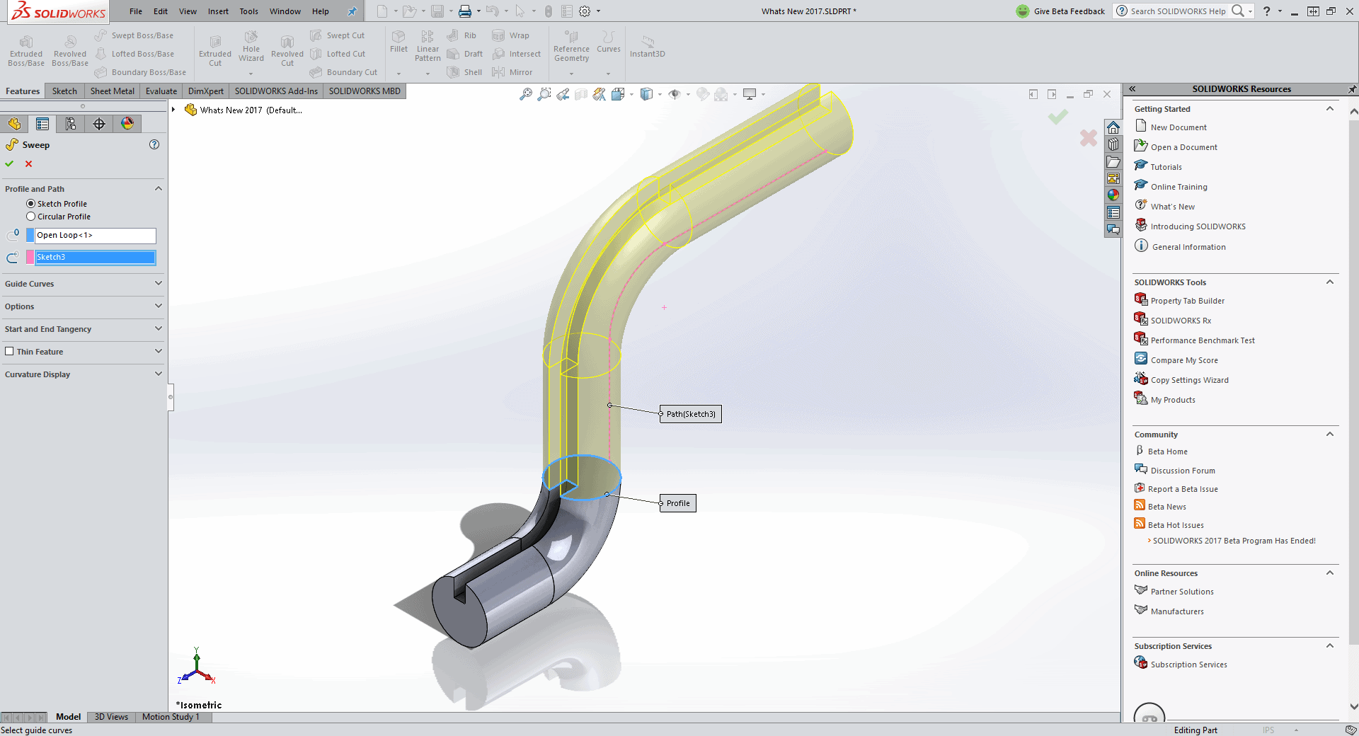 SOLIDWORKS 2017: Sweep Profile selection of Faces, Edges and Curves SOLIDWORKS 2017: Sweep Profile selection of Faces, Edges and Curves